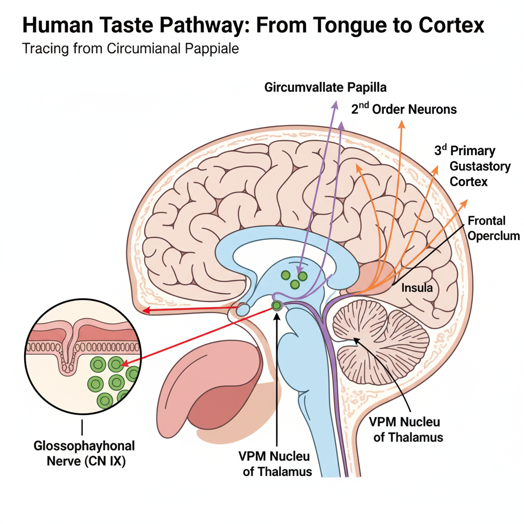 Using a well labelled diagram, trace the taste pathway from ...