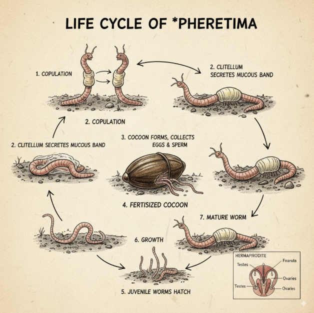 Describe the different stages of life cycle of Pheretima with the help ...