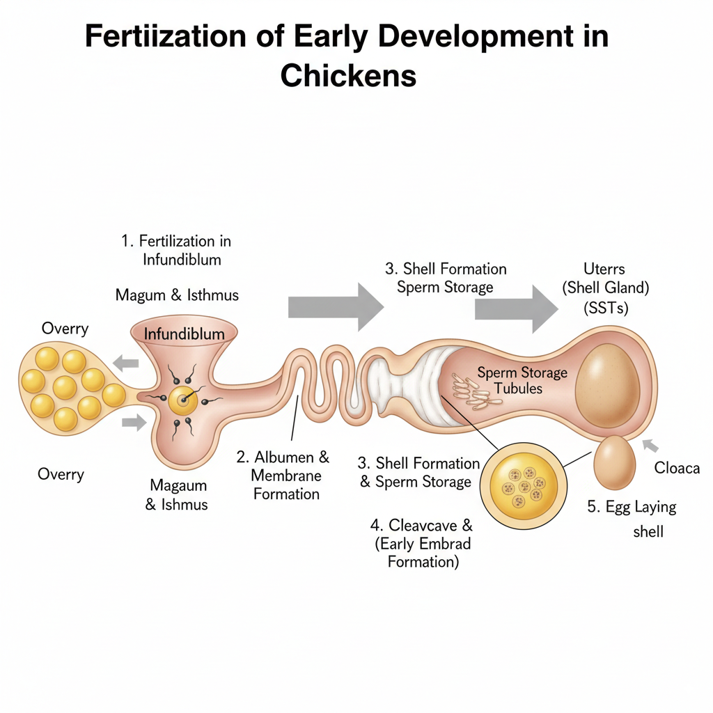 Describe the stages of fertilization in chick with diagram.